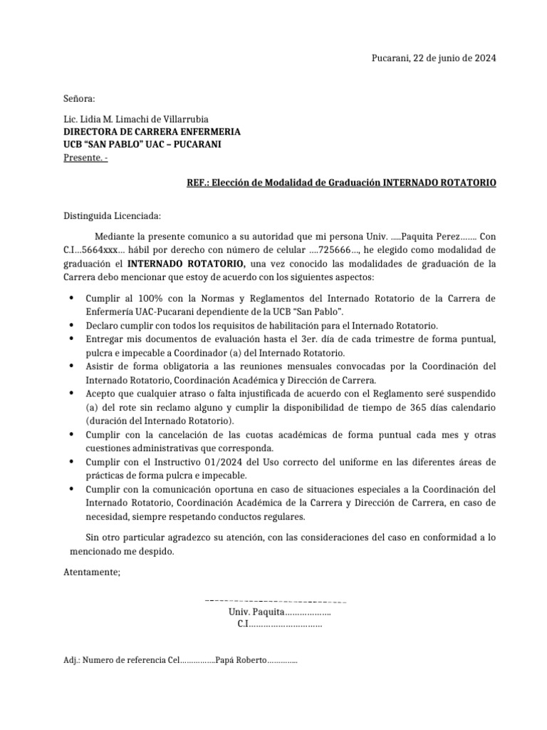 Carta Modelo Internado Rotatorio | PDF