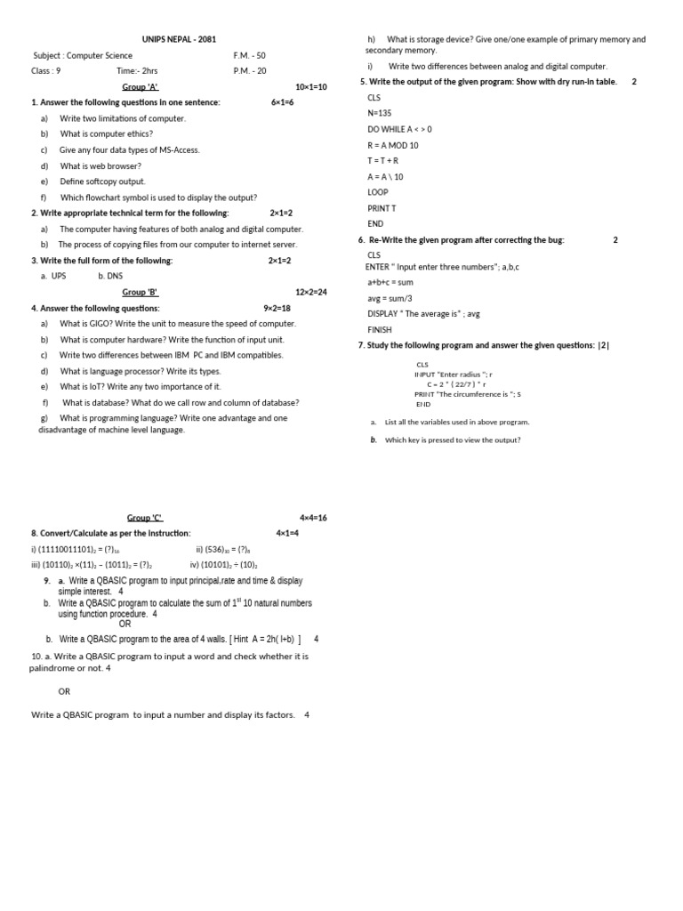 Class9 Unips Nepal 2081 | PDF | Input/Output | Computer Data Storage