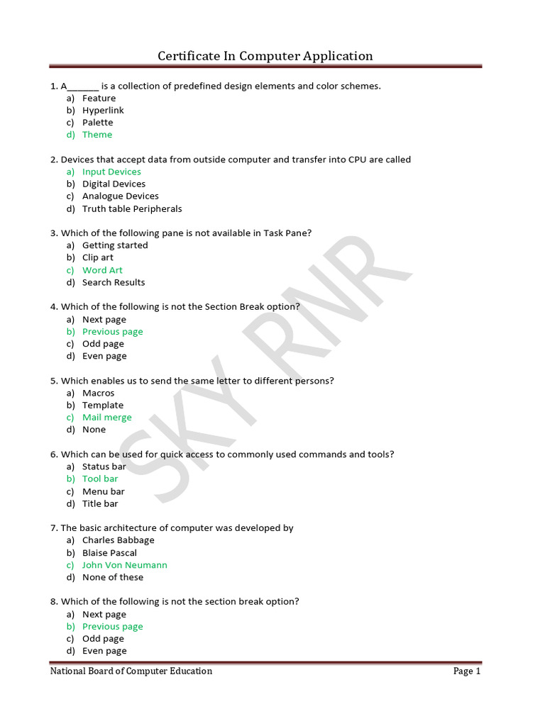 Certificate in Computer Application MCQ's | PDF | Microsoft Word | Microsoft Excel