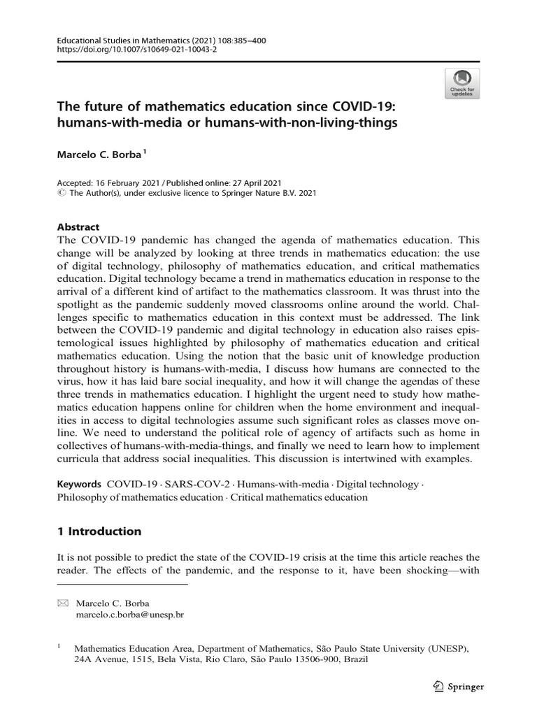 BORBA, M.C. The Future of Mathematics Education Since COVID-19 - Humans ...