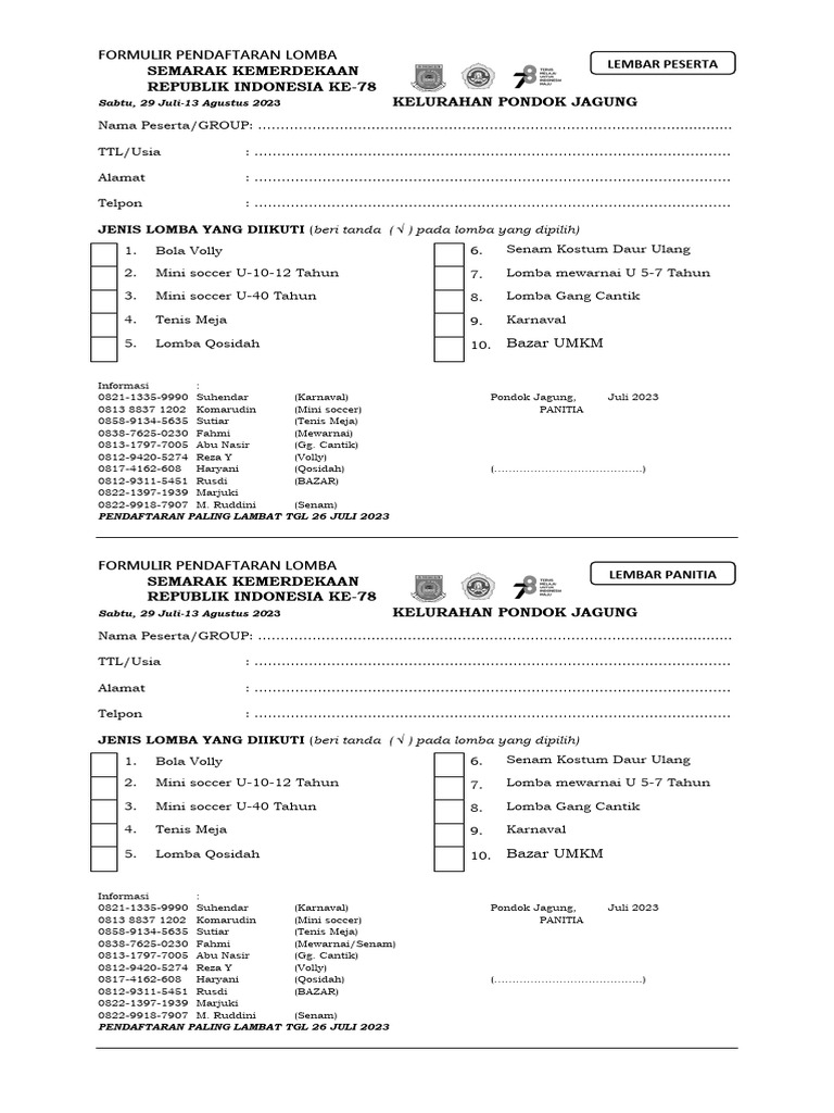 Formulir Pendaftaran Lomba | PDF