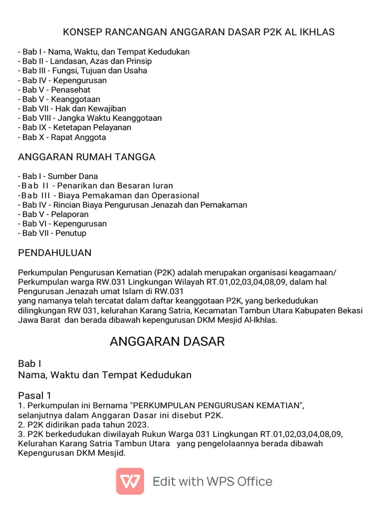 Konsep Rancangan Anggaran Dasar p2k Al Ikhlas | PDF
