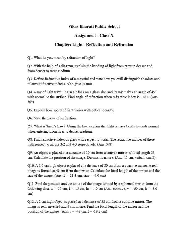 Class X Light Reflection and Refraction Assignment Final | PDF ...