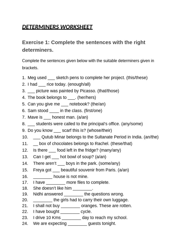 Determiners Worksheet | PDF