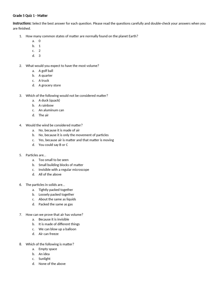 Grade 5 Matter Quiz Questions | PDF | Gases | Matter