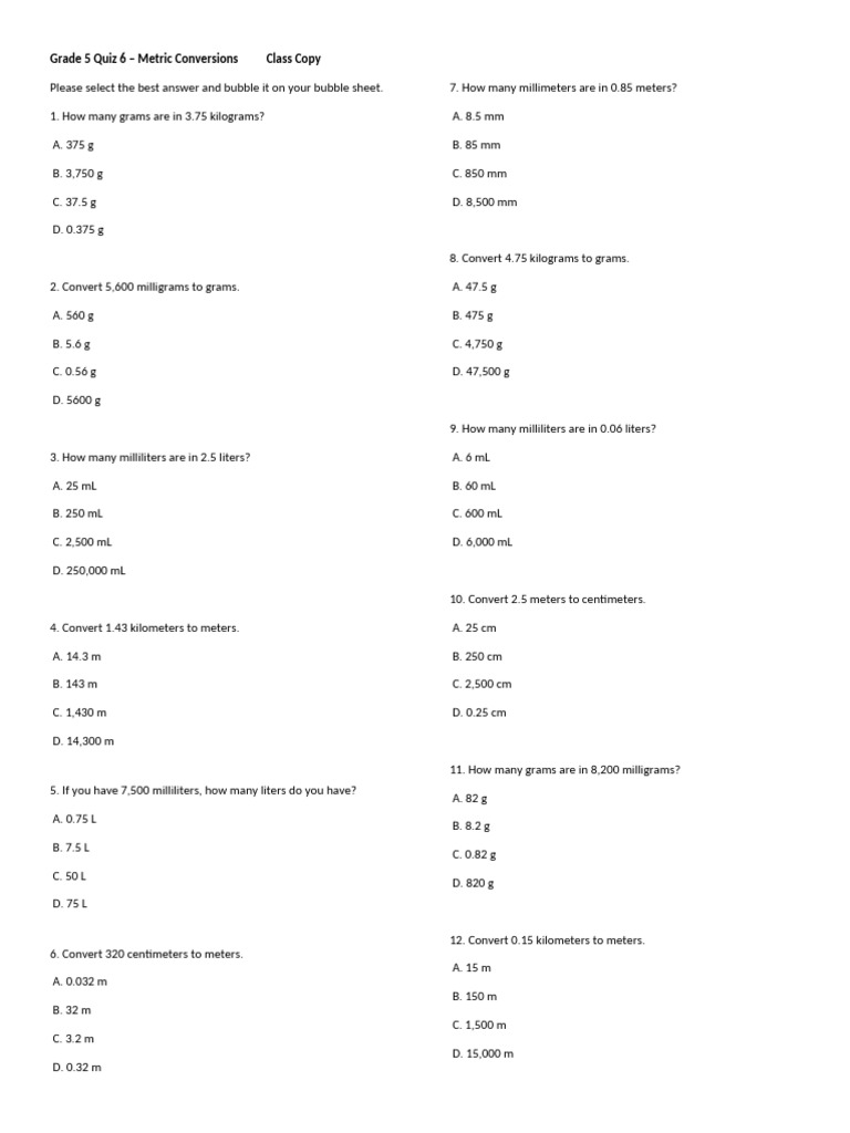 Grade 5 Metric Conversion Quiz | PDF | Litre | Kilogram