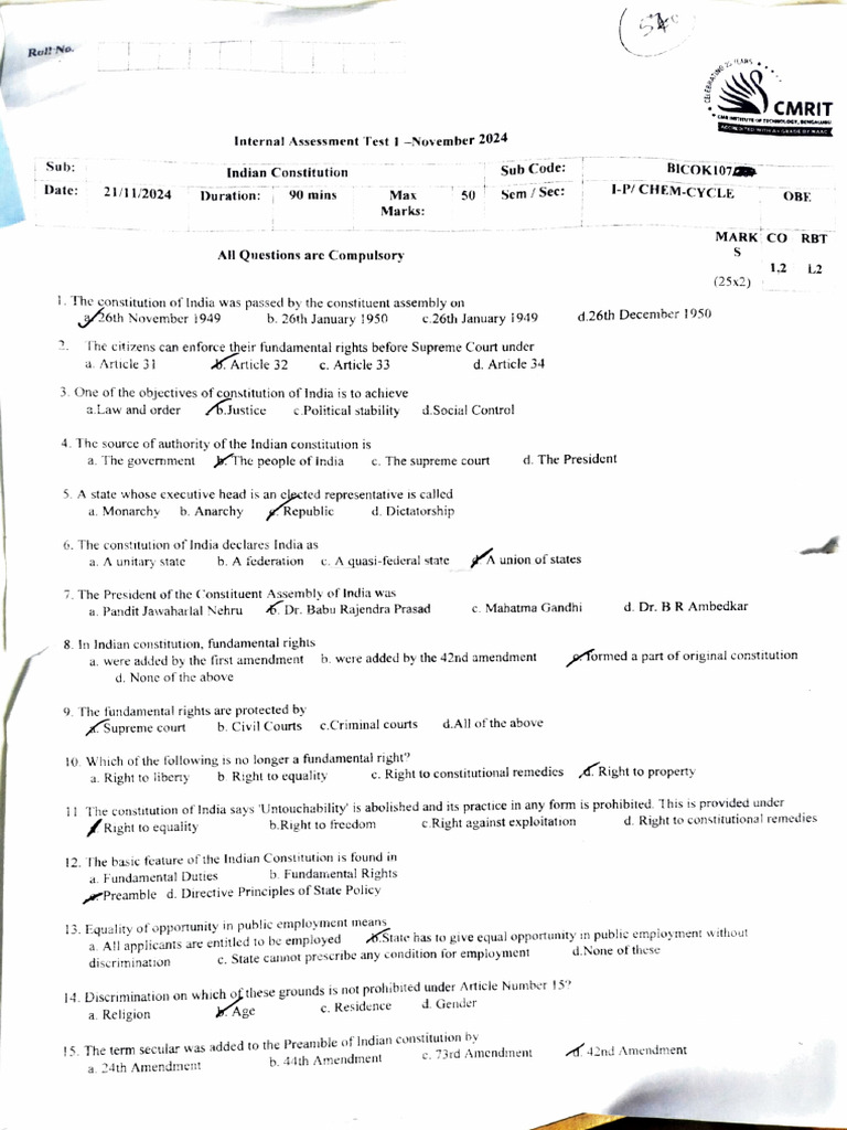 IAT-I Question Paper With Solution of BICOK107 Indian Constitution Nov-2024-Shreyas P.PDF ...