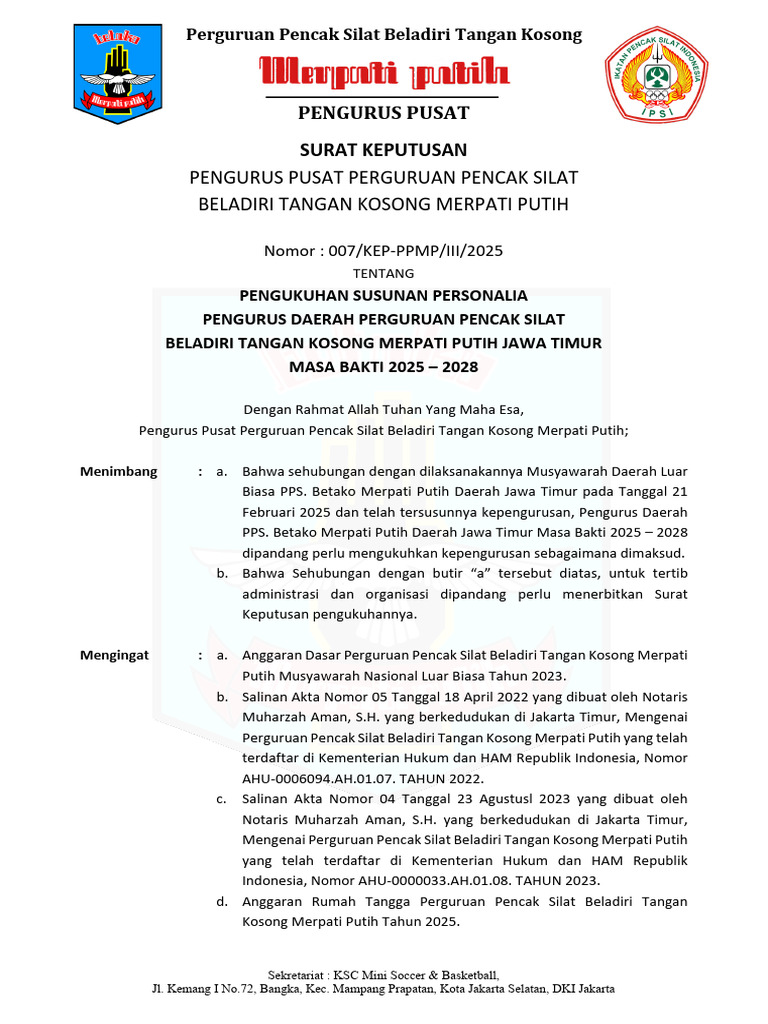 007 SK Pengukuhan Susunan Personalia Pengurus Daerah PPS Betako Merpati Putih Jawa Timur | PDF