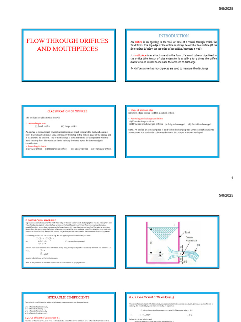 Handouts Orifices and Mouthpieces | PDF | Chemical Engineering | Civil Engineering
