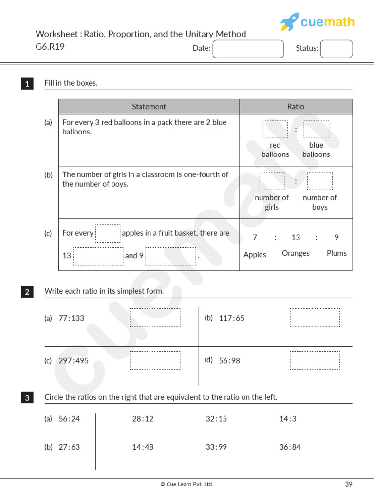 6th Grade Math Worksheets Ratio Proportion and The Unitary Method | PDF ...