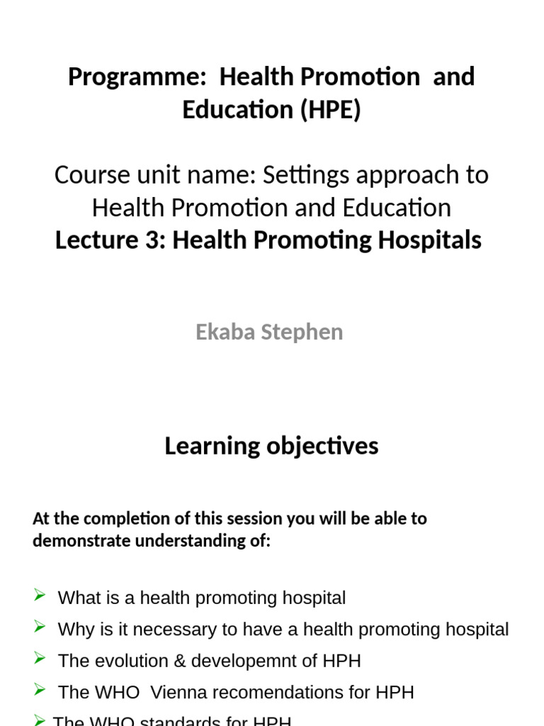 Health Promoting Hospitals Overview | PDF | Health Promotion | Health Care