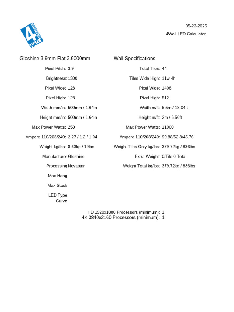 4Wall LED Calculator Specifications | PDF