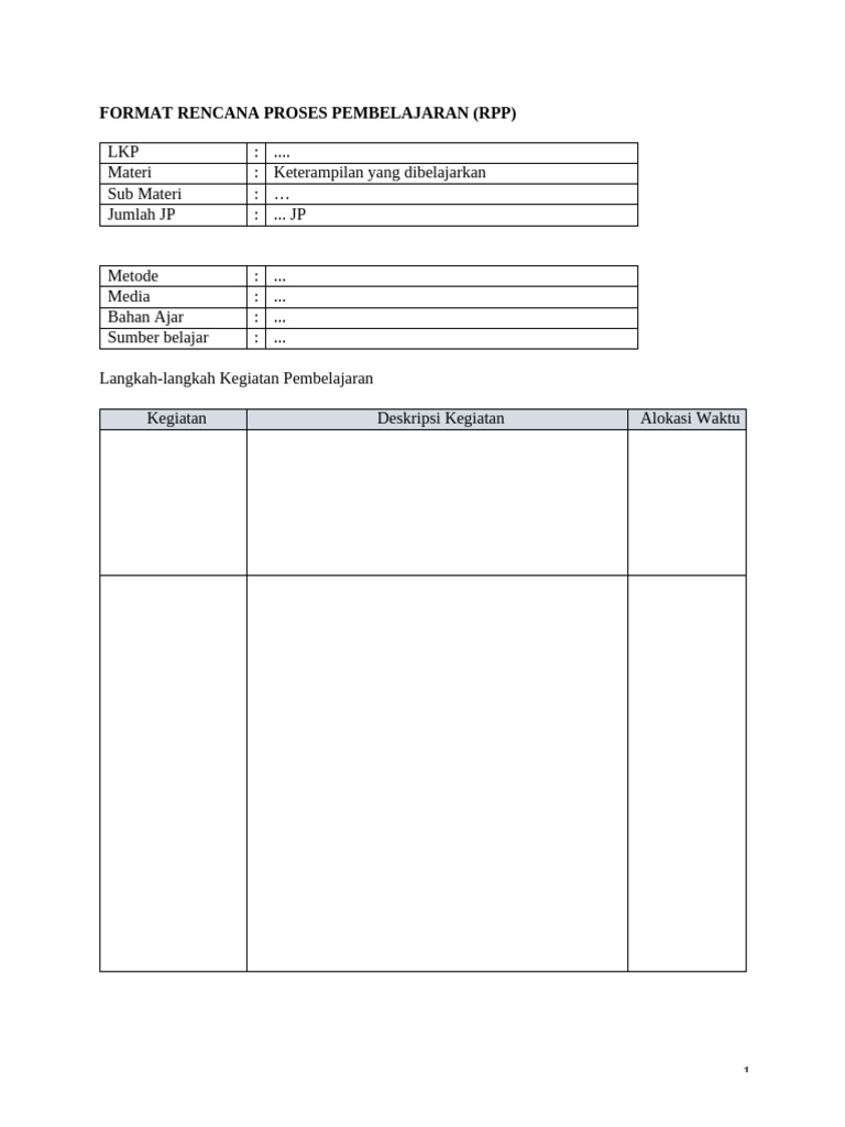 Template RPP PKW 2025 Keterampilan Yang Dibelajarkan | PDF