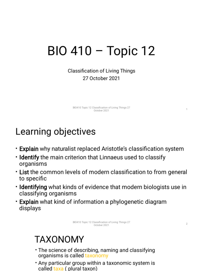 2021 BIO 410 Lecture 12 - Classification of Living Things | PDF | Cell (Biology) | Archaea