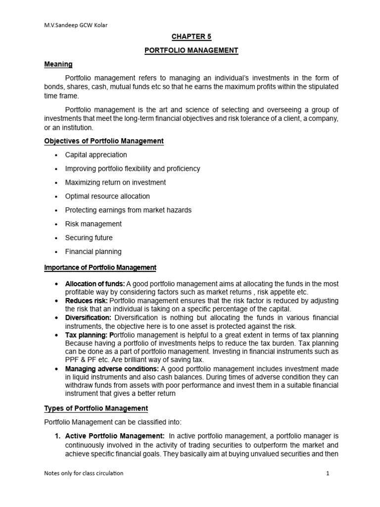 Chapter 5 Portfolio Management Prt | PDF | Financial Risk | Sharpe Ratio
