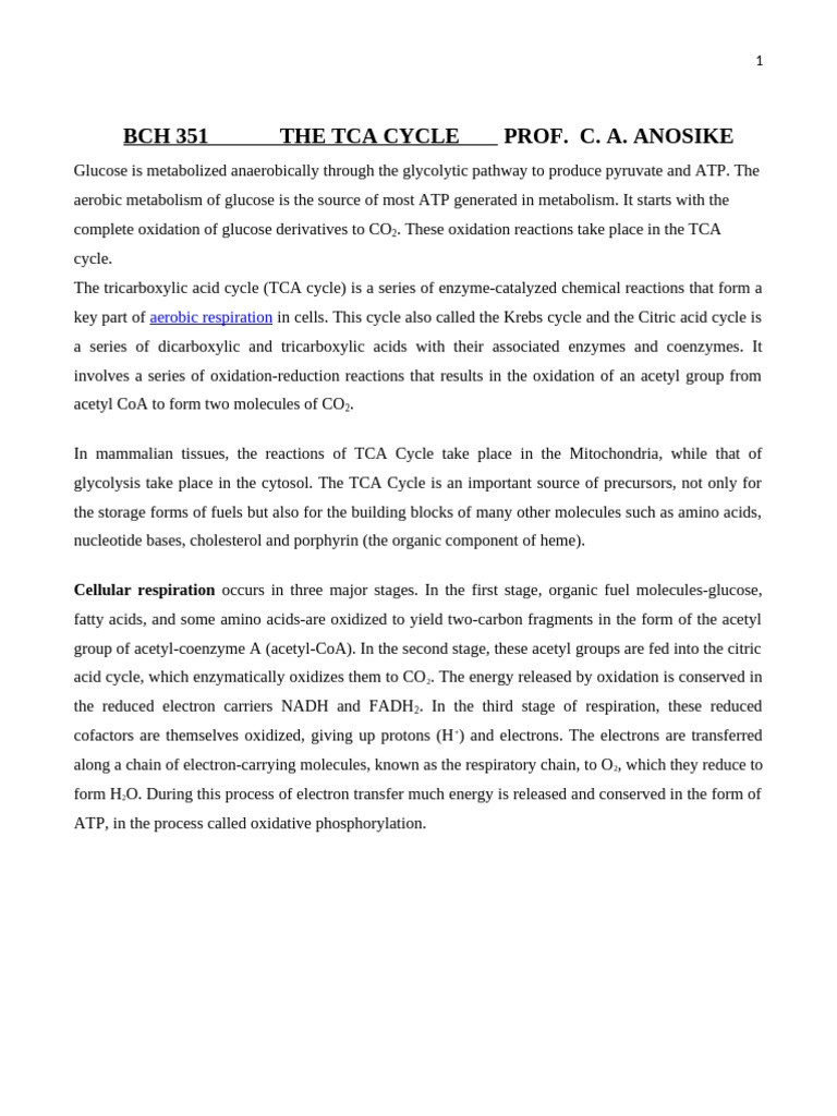 BCH 351 Lecture Note The Tca Cycle | PDF | Citric Acid Cycle | Chemistry