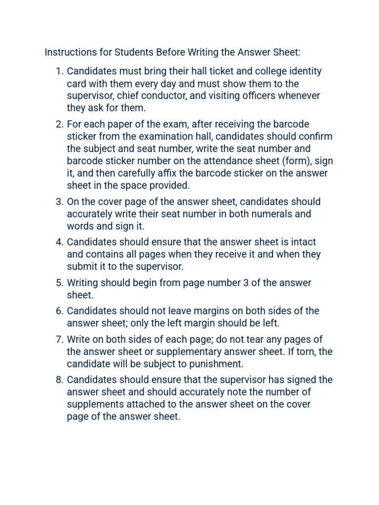 Exam Answer Sheet Instructions for Students | PDF