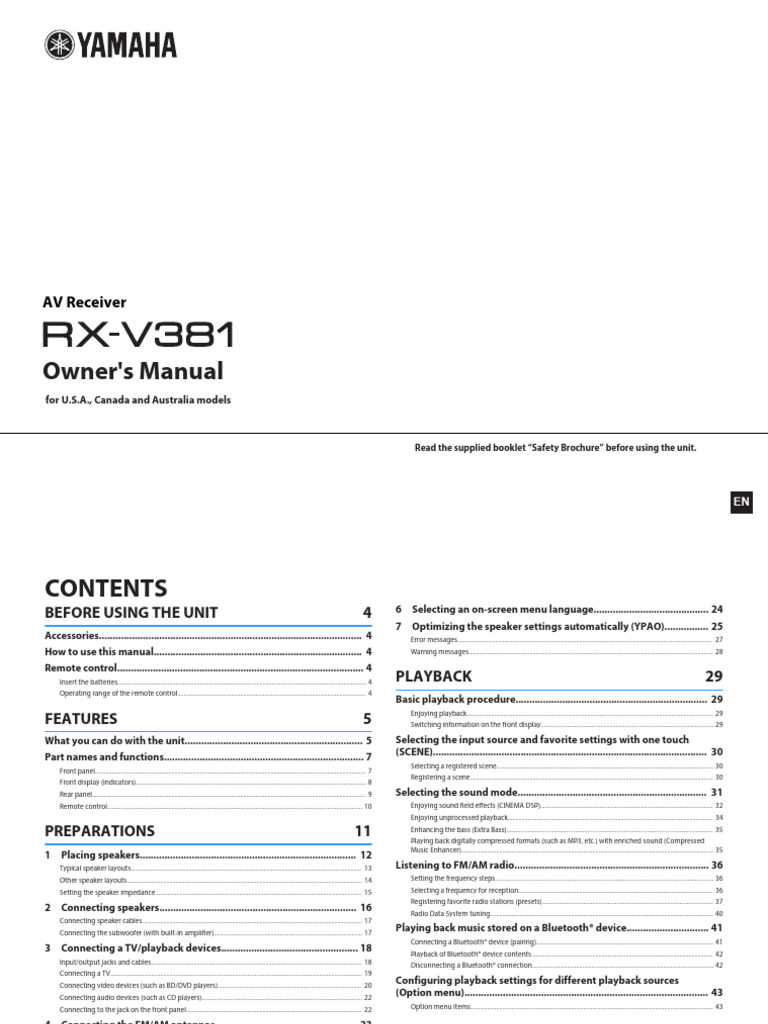 RX-V381 Manual English | PDF | Hdmi | Loudspeaker