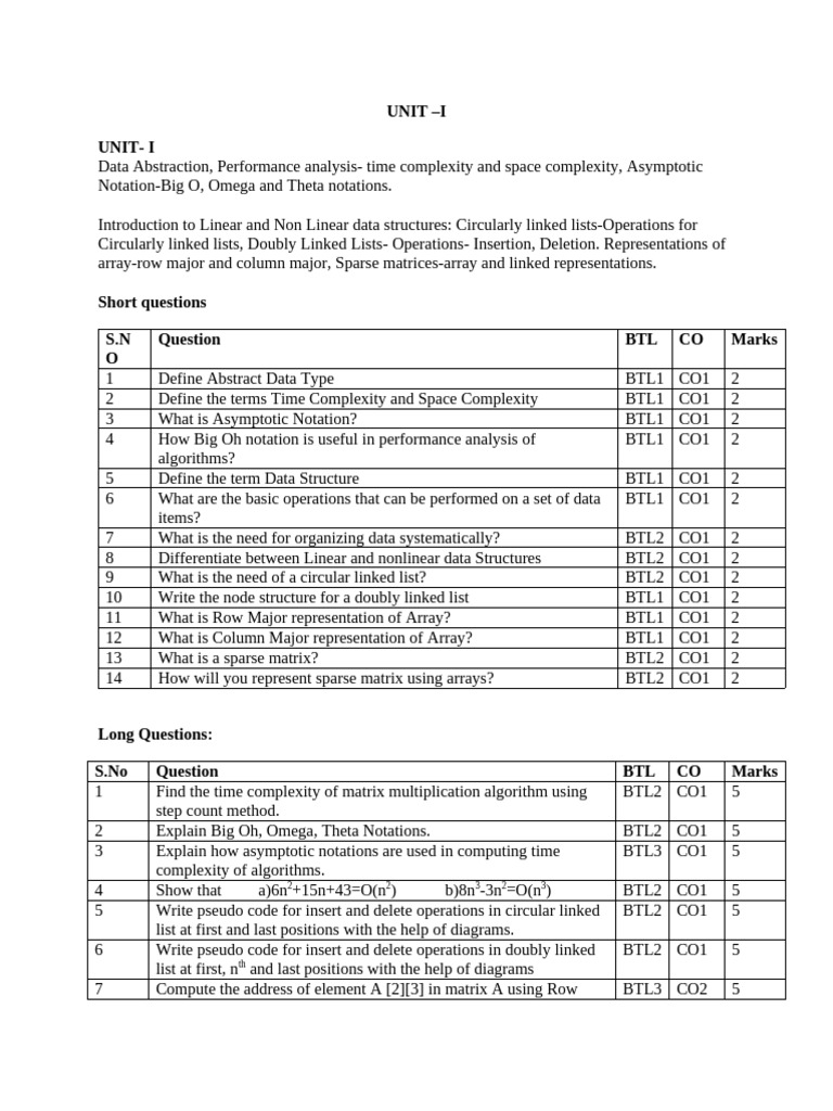 DS Unit 1 Long and Short Answer Questions | PDF | Matrix (Mathematics) | Time Complexity