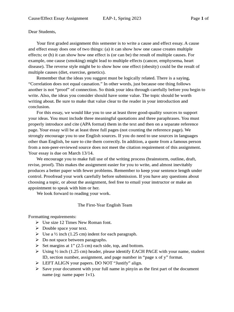 2023 EAP1 Cause and Effect Essay Assignment-Final | PDF | Essays | Causality