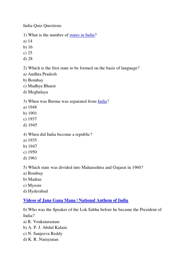 India Quiz Questions | PDF