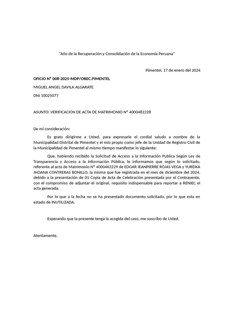 Oficio Oficio Nro. I.E. Gonzales Prada - Solicitud Se Apetrture en El Sistema Masi La Actividad ...