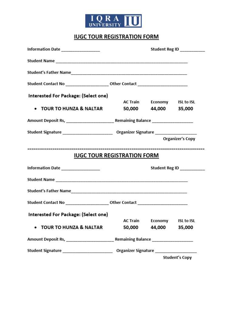 Iugc Tour Detail Form For Registration. | PDF