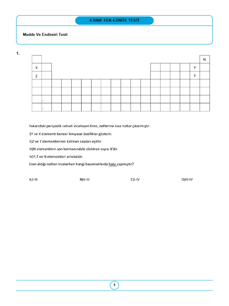 8.sinif Fen Bilimleri Dersi 4.unite Madde Ve Endustri Konusu Testi | PDF