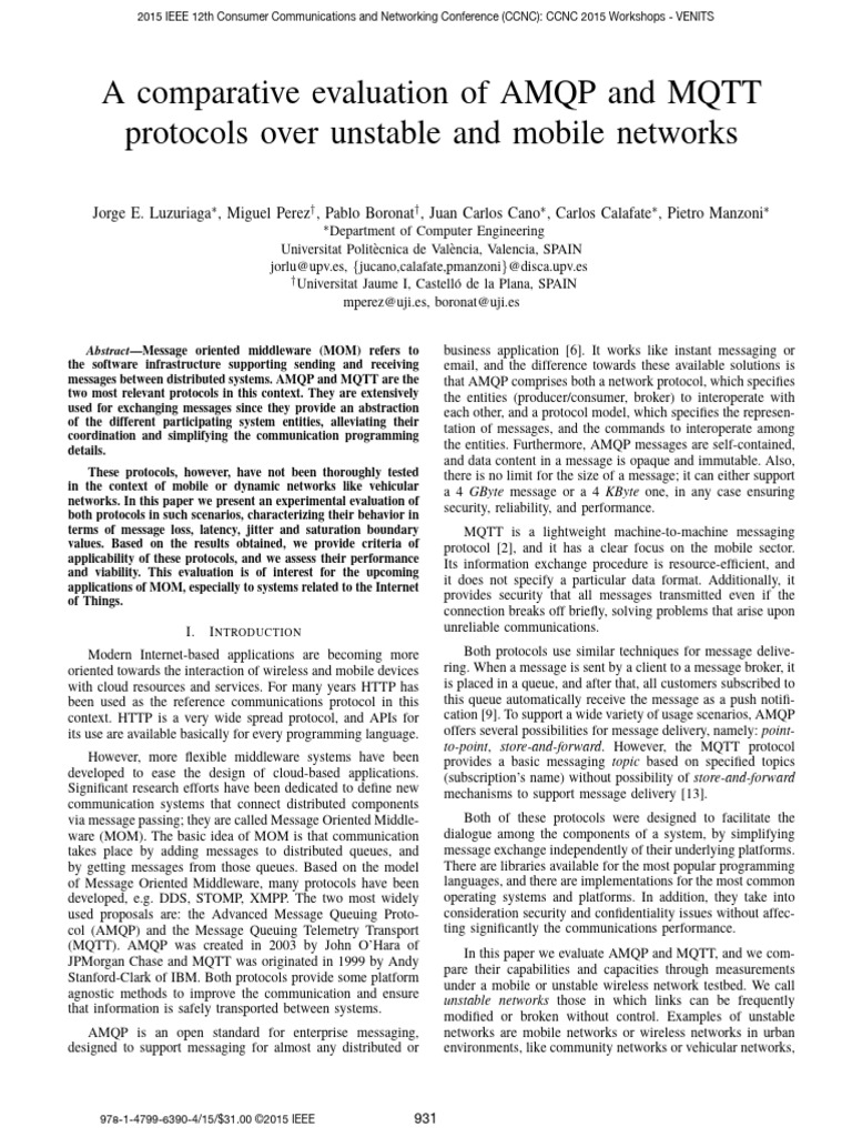 A Comparative Evaluation of AMQP and MQTT Protocol Over Unstable and Mobile Network | PDF ...