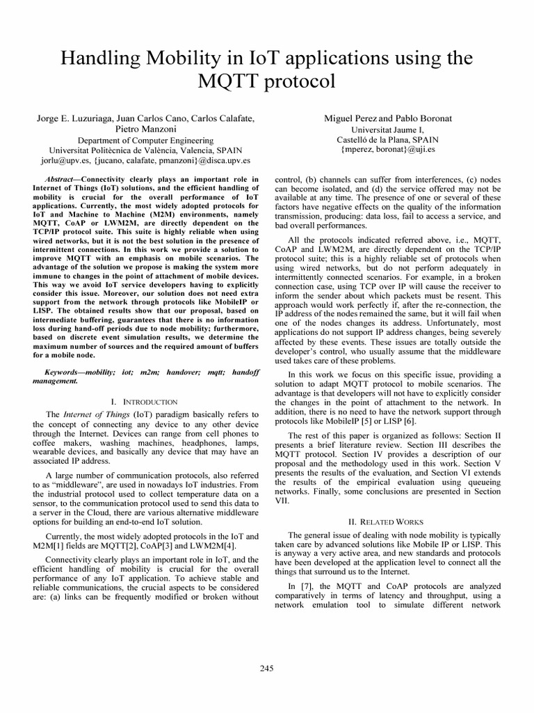 Handling Mobility in LoT Applications Using The MQTT Protocol | PDF | Transmission Control ...