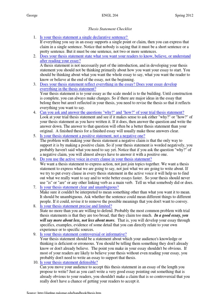 Thesis Statement Checklist | PDF | Essays | Thesis