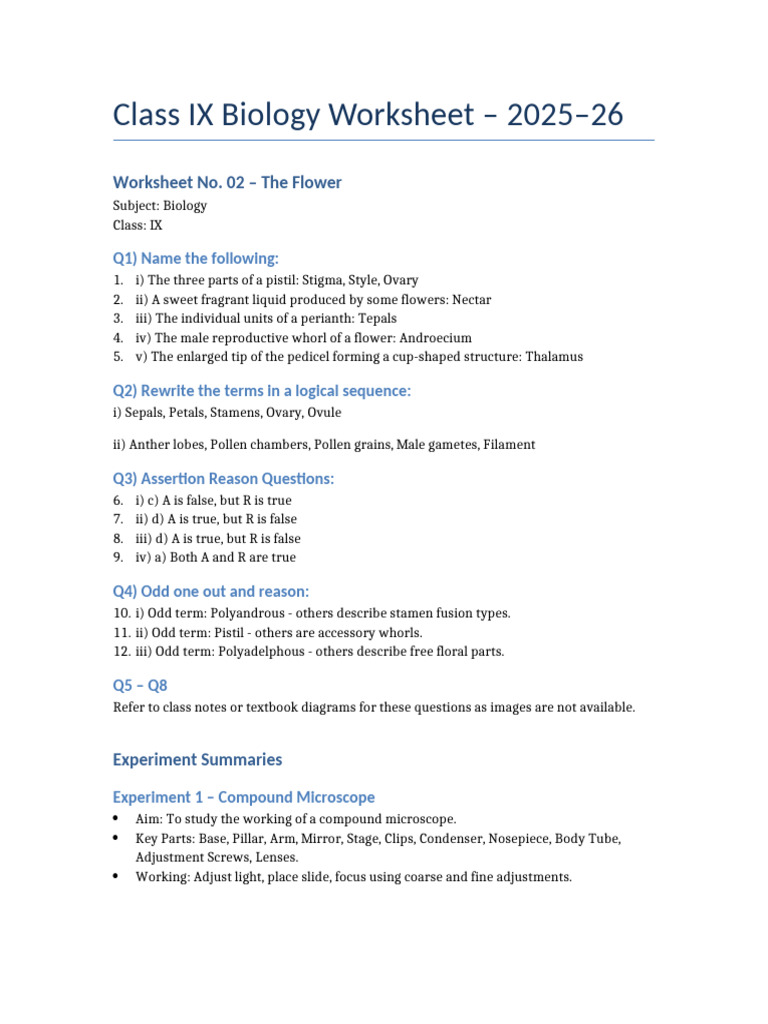 Biology Worksheet Class IX | PDF