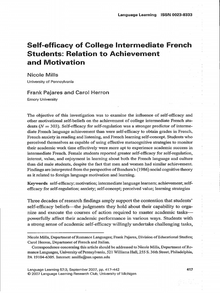 Self-Efficacy in College French Learning | PDF | Self Efficacy | Cognition