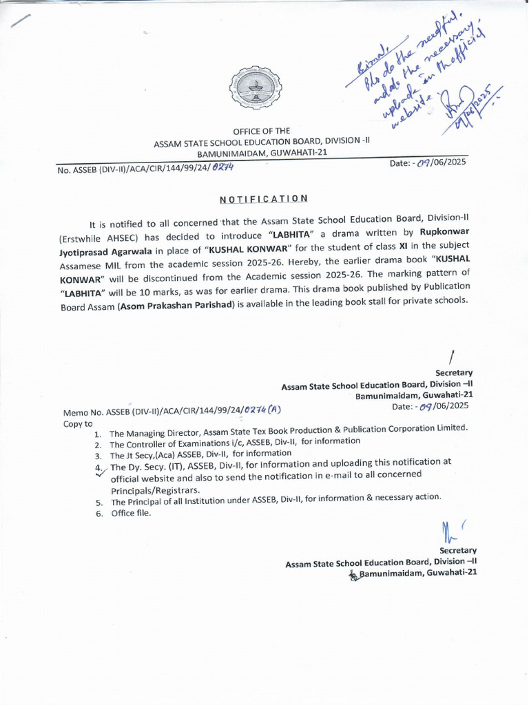 2 Notification Regarding The Introduction of Labhita in Place of Kushal Konwar in Class XI ...