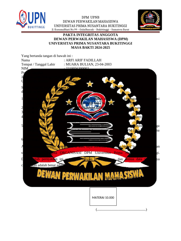 Pakta Integritas Pengurus DPM Upnb 2024 Fadil | PDF