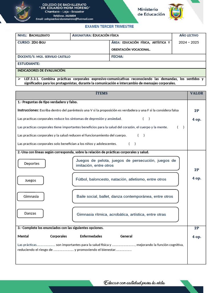 Evaluacion 3er Trimestre 2do EEFF | PDF | Educación Física
