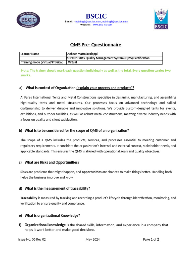 Pre-Questionnaire-Qms I06 r02 0524 | PDF | Verification And Validation ...