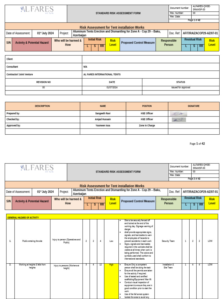 Alfares-Risk Assessment For Tent Installation Works - Zone A - Cop 29 - Baku, Azerbaijan | PDF ...