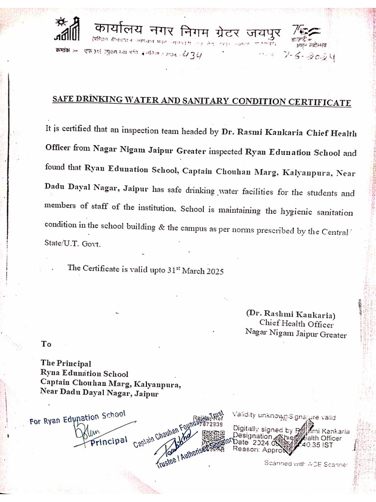 Safe Drinking Water and Sanitary Condition Certificate | PDF