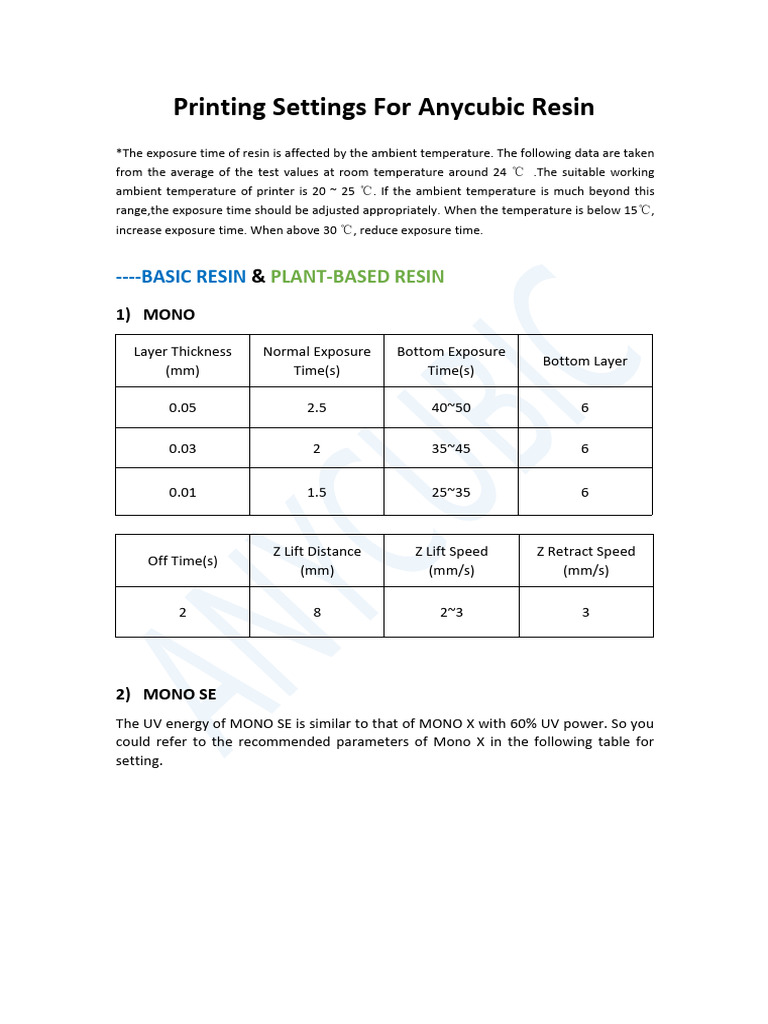 Anycubic Resin Exposure Settings Guide | PDF | Exposure (Photography ...