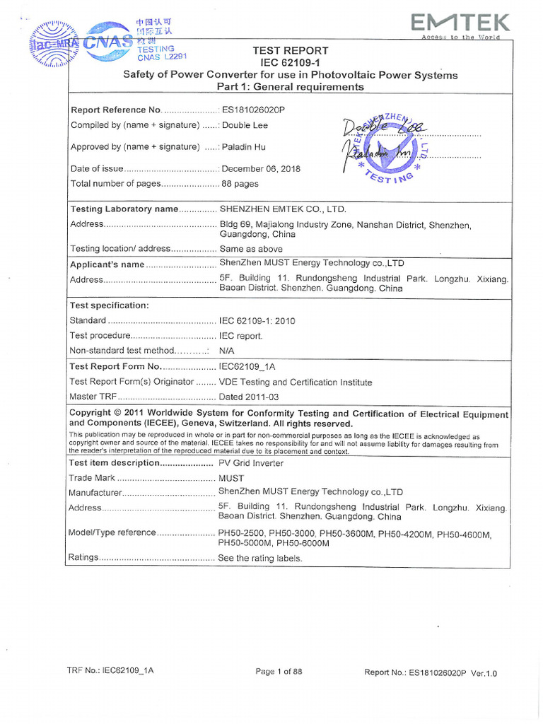 PH50 IEC62109 Report | PDF | Fuse (Electrical) | Electrical Wiring