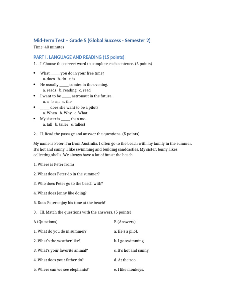 Midterm Test Grade 5 Global Success | PDF