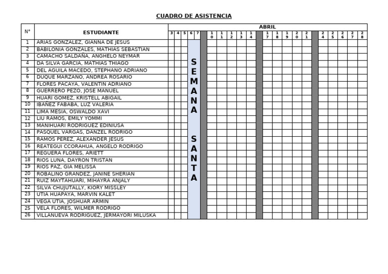 Cuadro de Asistencia Abril | PDF