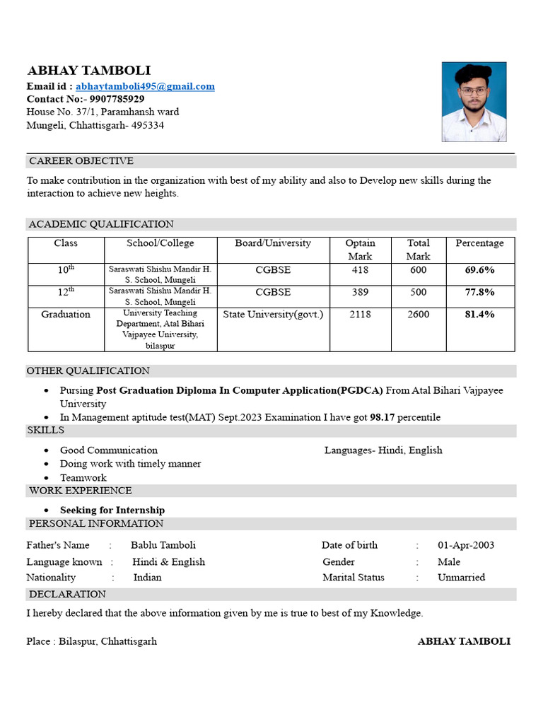 Resume CV Abhay Tamboli | PDF