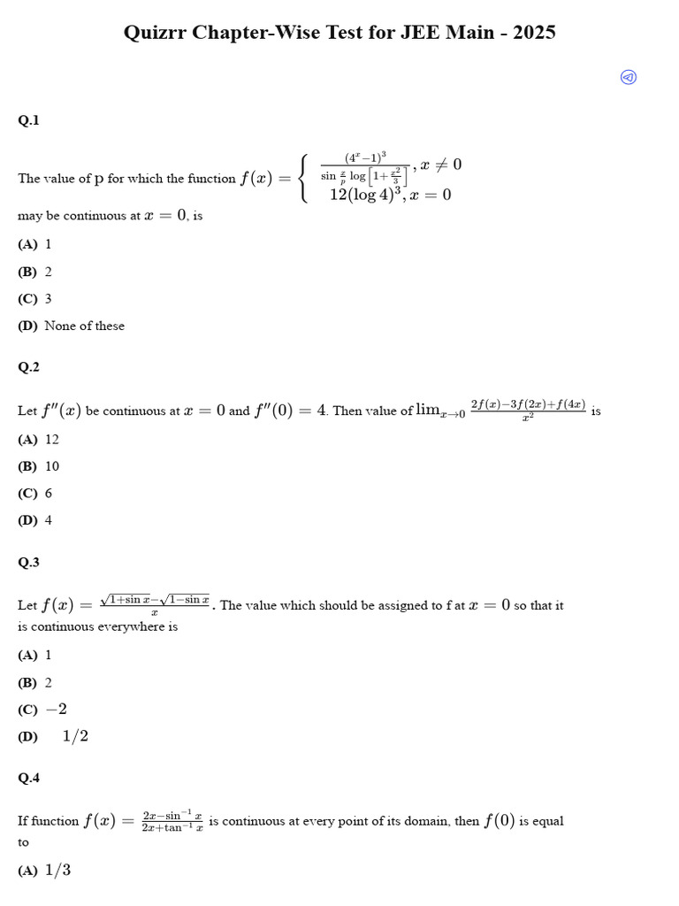 Continuity and Differentiability - Test 1 | PDF | Mathematical ...