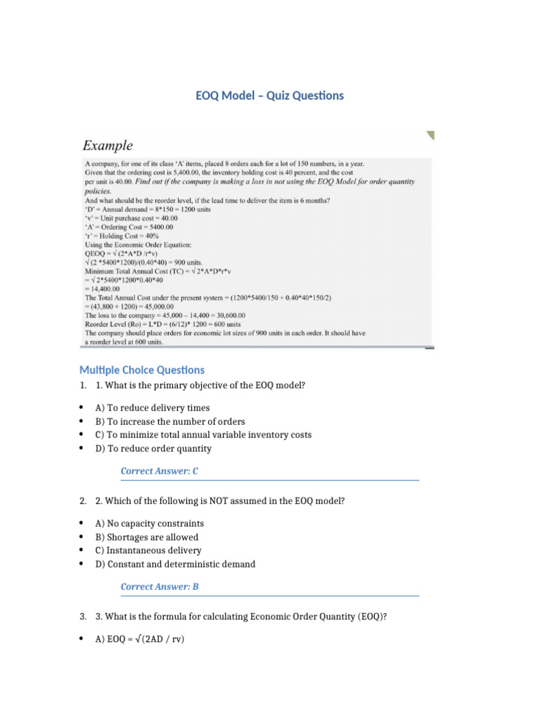 EOQ Model Quiz Questions and Answers | PDF