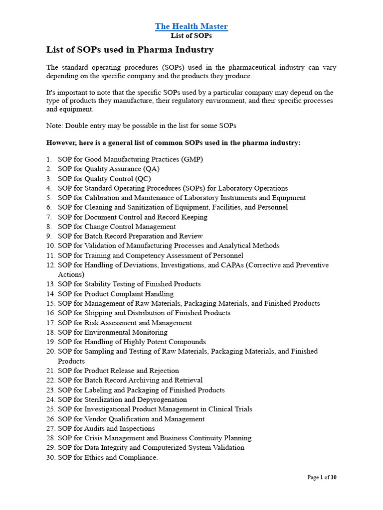 List of SOPs Used in Pharma Industry | PDF | Verification And ...