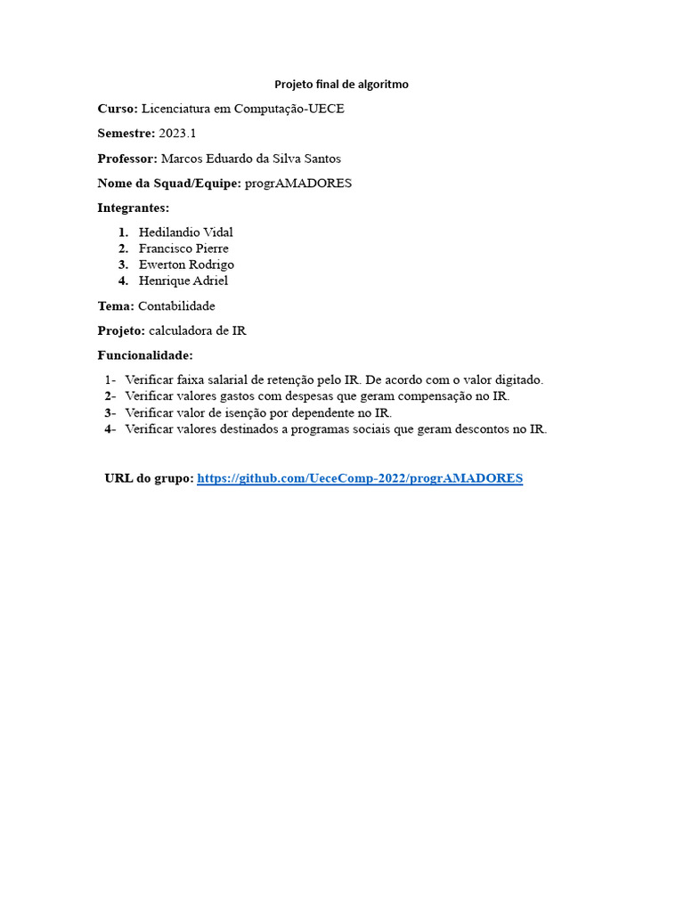 Projeto Final de Algoritmo | PDF