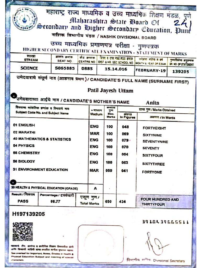 12th Marksheet | PDF