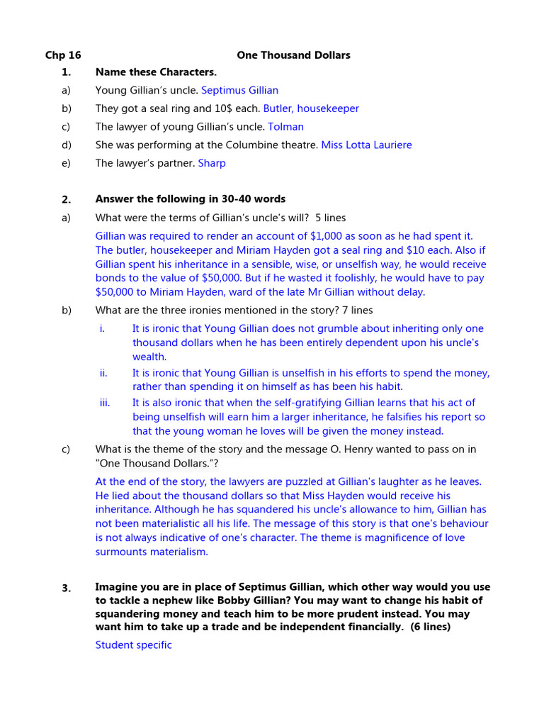 One Thousand Dollars Study Guide | PDF